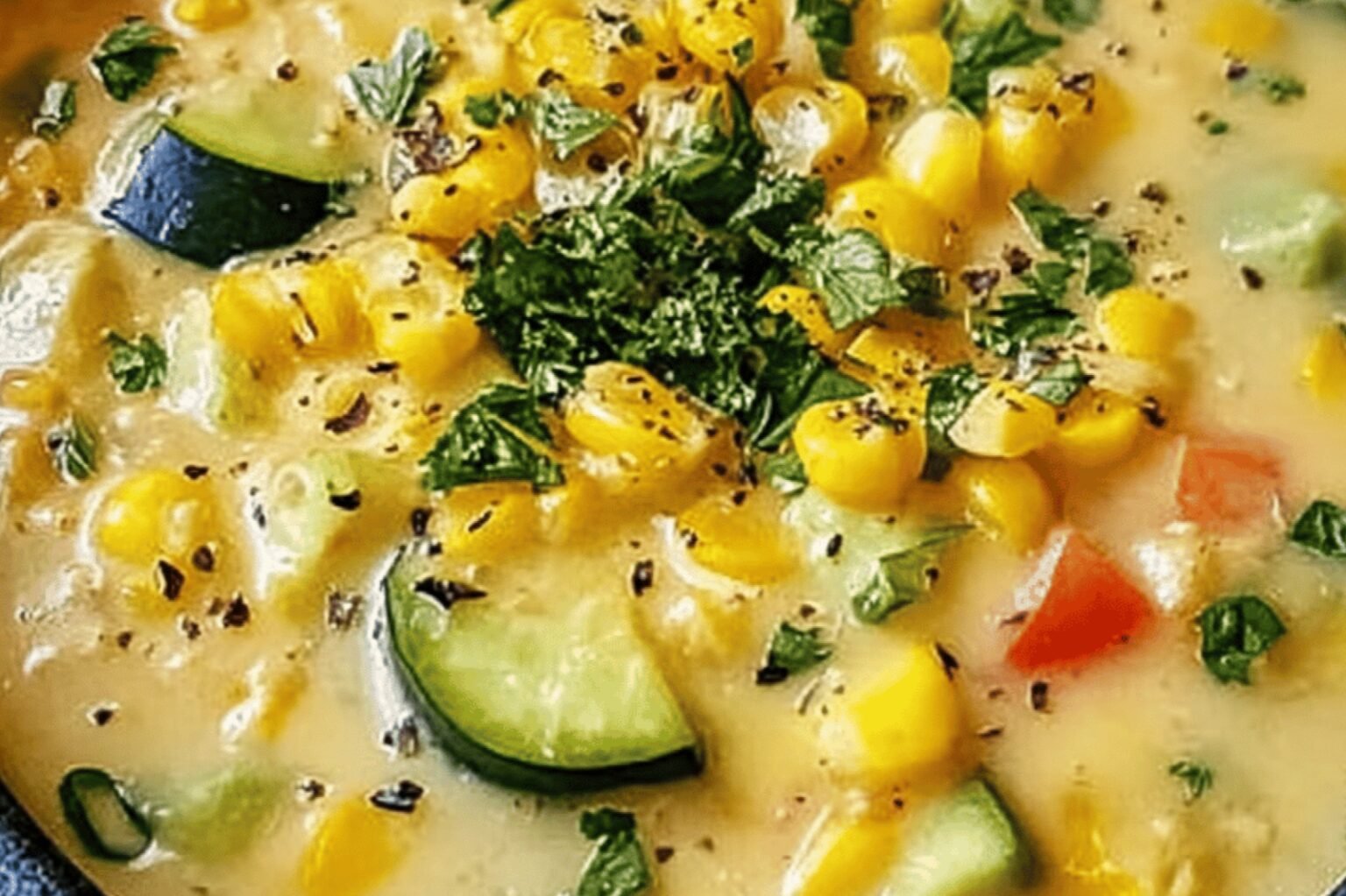 Creamy Summer Corn and Zucchini Chowder with Bacon - spoonsway.com