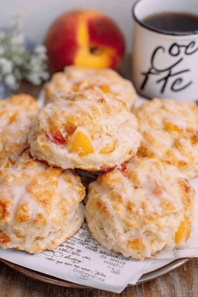 Peach Buttermilk Biscuits with Vanilla Glaze - spoonsway.com