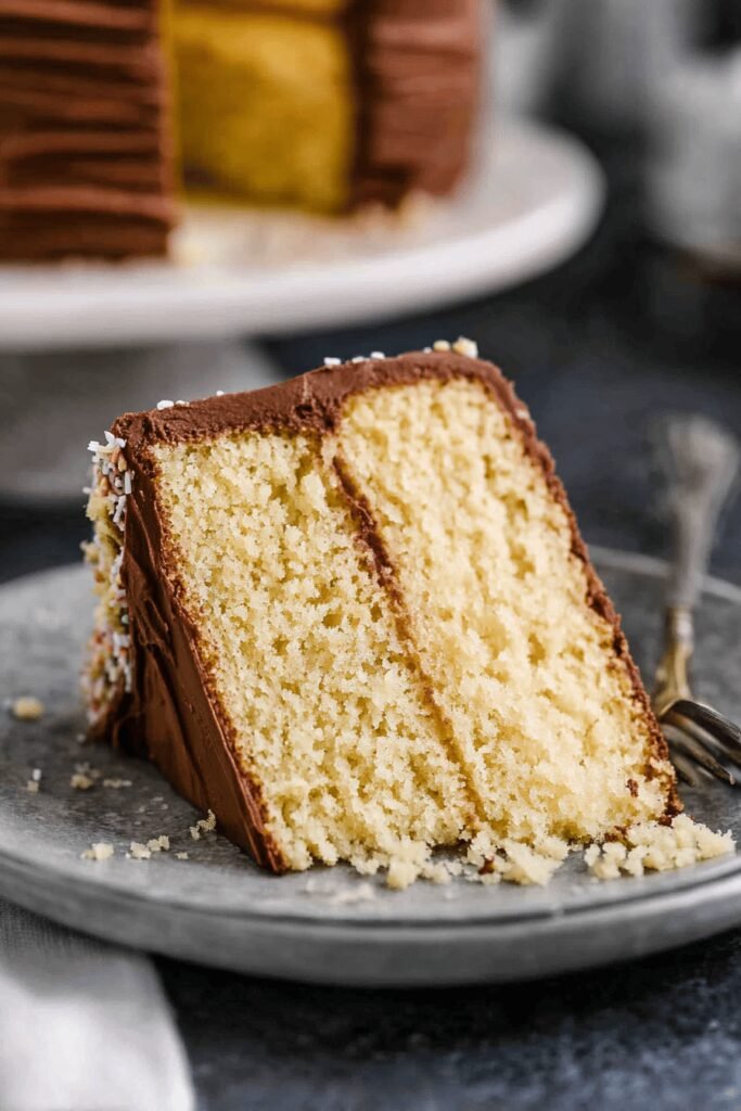 Homemade Moist Yellow Cake with Chocolate Frosting - spoonsway.com