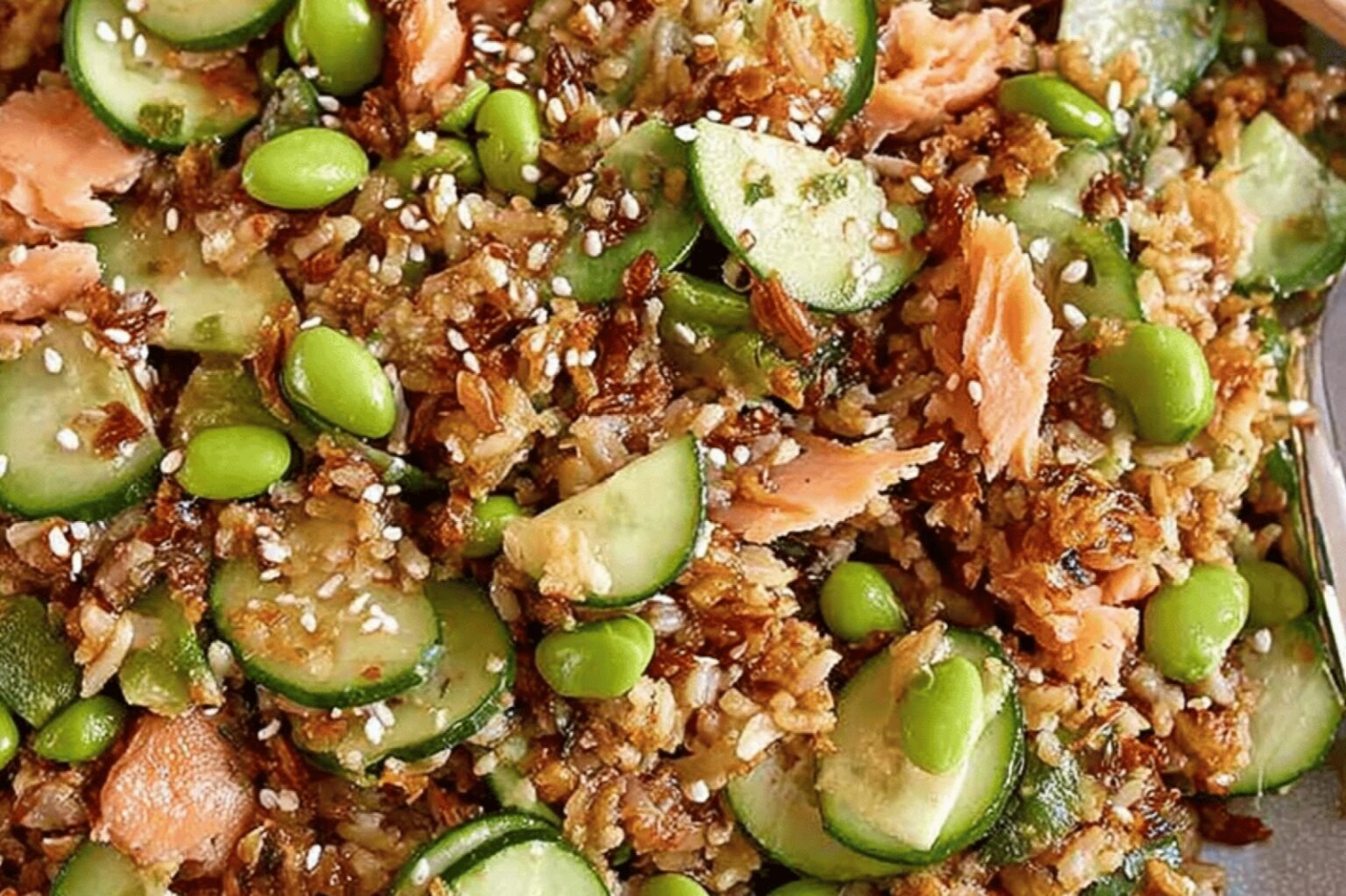Smoked Salmon Crispy Rice Edamame Salad - spoonsway.com